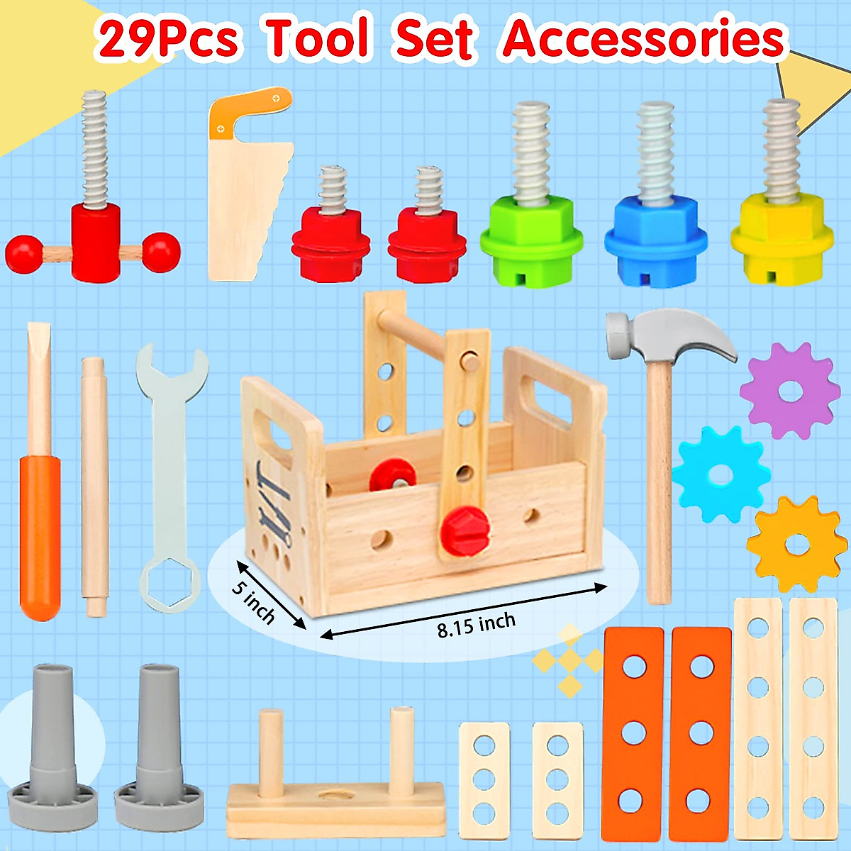 Mgtfbg Kids Tool Set - 29 PCS Wooden Toddler Tool with Box, Montessori STEM Educational Pretend Play Construction Toy for 2 3 4 5 6 Year Old Boys Girls, Best Birthday Gift
