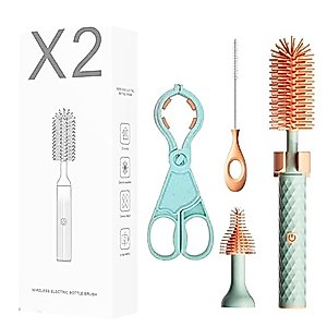 4-Piece Set Electric Bottle Brush,Set with Baby Bottle Brush,Electric Silicone Bottle Brush,2 Nipple Brush,Straw Cleaner Brush,Bottle clamp,Gift for Pregnant Women and New Moms (Green)