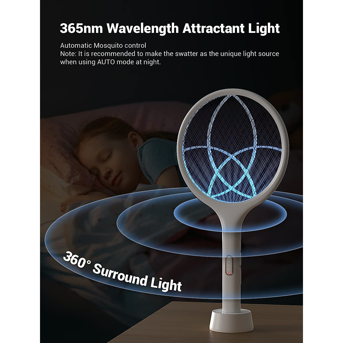 YISSVIC Electric Fly Swatter 4000V Bug Zapper Racket Dual Modes Mosquito Killer with Purple Mosquito Light Rechargeable for Indoor Home Office Backyard Patio Camping (White)