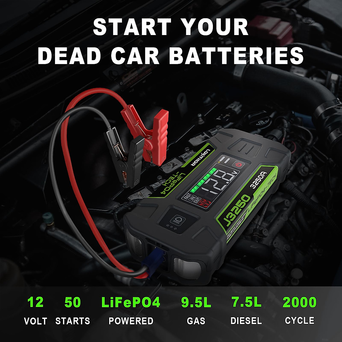 LOKITHOR J3250 12V Jump Starter Lithium Iron Phosphate (LiFePO4) Car Starter Battery for Upto 9.5L Gas and 7.5L Diesel Engines with 60W Two-Way Fast Charging, Super-Safe and 2000 Cycle Life