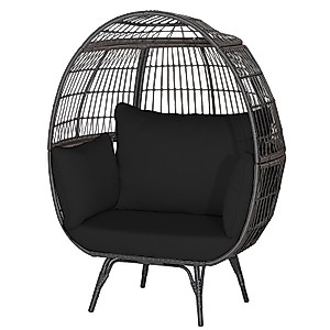 MAT EXPERT Oversized Egg Chair, Wicker Patio Basket Circle Lounge Chair w/Metal Stand & 4 Thick Cushions, PE Rattan Egg Lounger Outdoor Indoor for Backyard, Balcony, Living Room (Black)