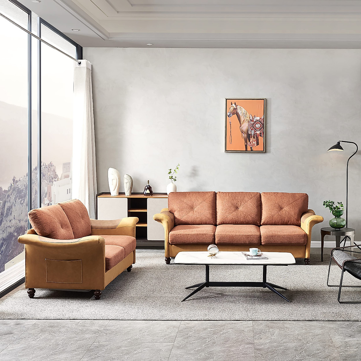 Myshle 2+3 Sectional Storage, Sleeper Couch Chaise with Curved Arm, Upholstered Sofa with Seat Cushion and Wood Legs for Living Room,Bedroom,Office, Linen Fabric, Faux Leather, Red Brown