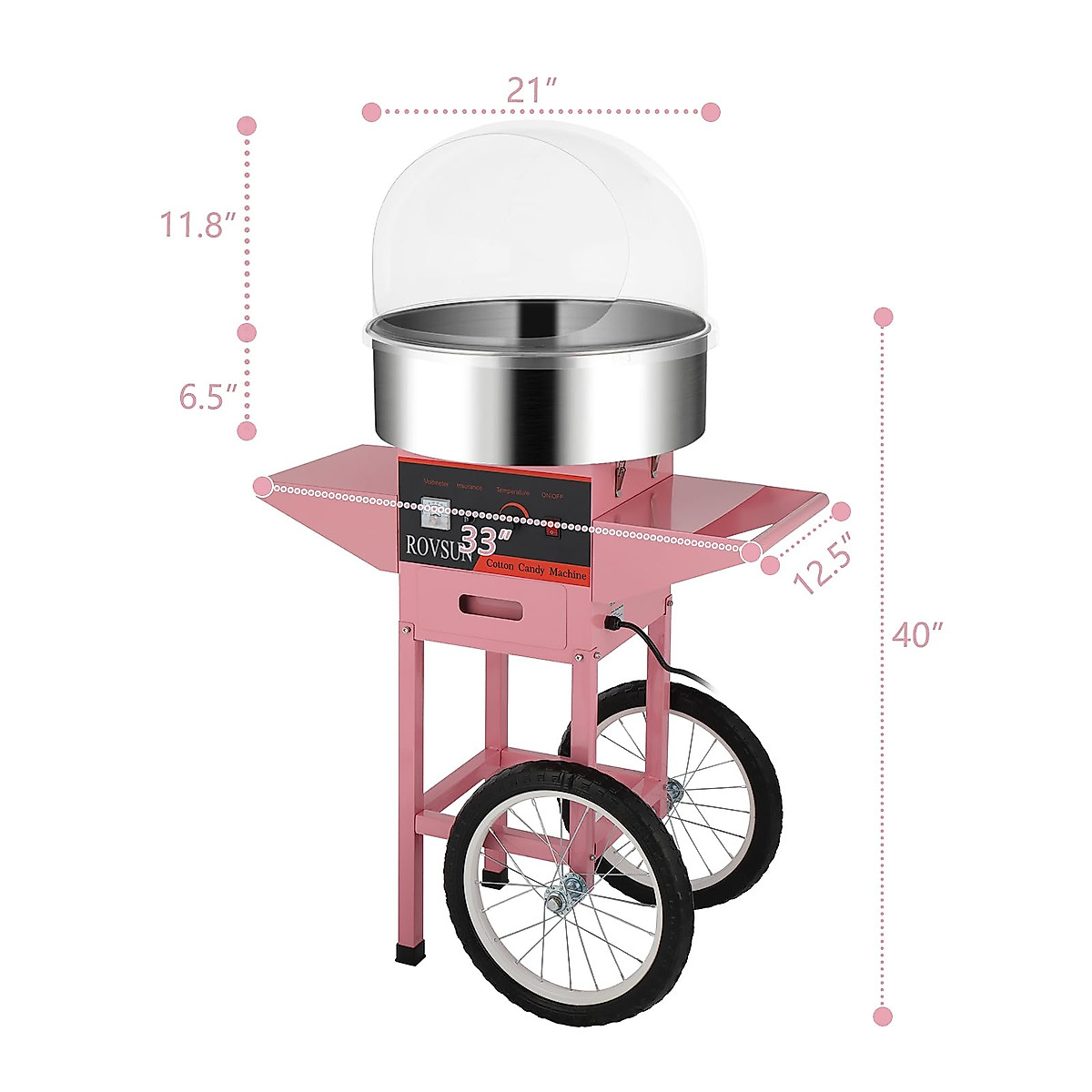 ROVSUN 21 Inch Cotton Candy Machine Cart, Electric Cotton Candy Maker Candy Floss Machine w/Cover, Stainless Steel Bowl, Sugar Scoop and Large Storage Drawer for Commercial Home Party Carnival, Pink