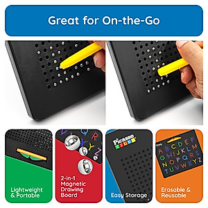 PicassoTiles 2-in-1 Magnetic Drawing Board Toy 12x10 inch Large Magnet Bead Tablet Pad with 2 Facings Alphabets STEM Educational Erasable & Reusable Learning Writing Playboard in Black PTB03