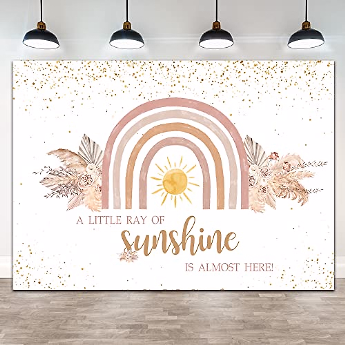 Ticuenicoa 7×5ft Boho Rainbow Baby Shower Backdrop A Little Ray of Sunshine is Almost Here Baby Shower Party Banner Wall Decorations Boho Pampas Glitter Dots Girls Baby Shower Background