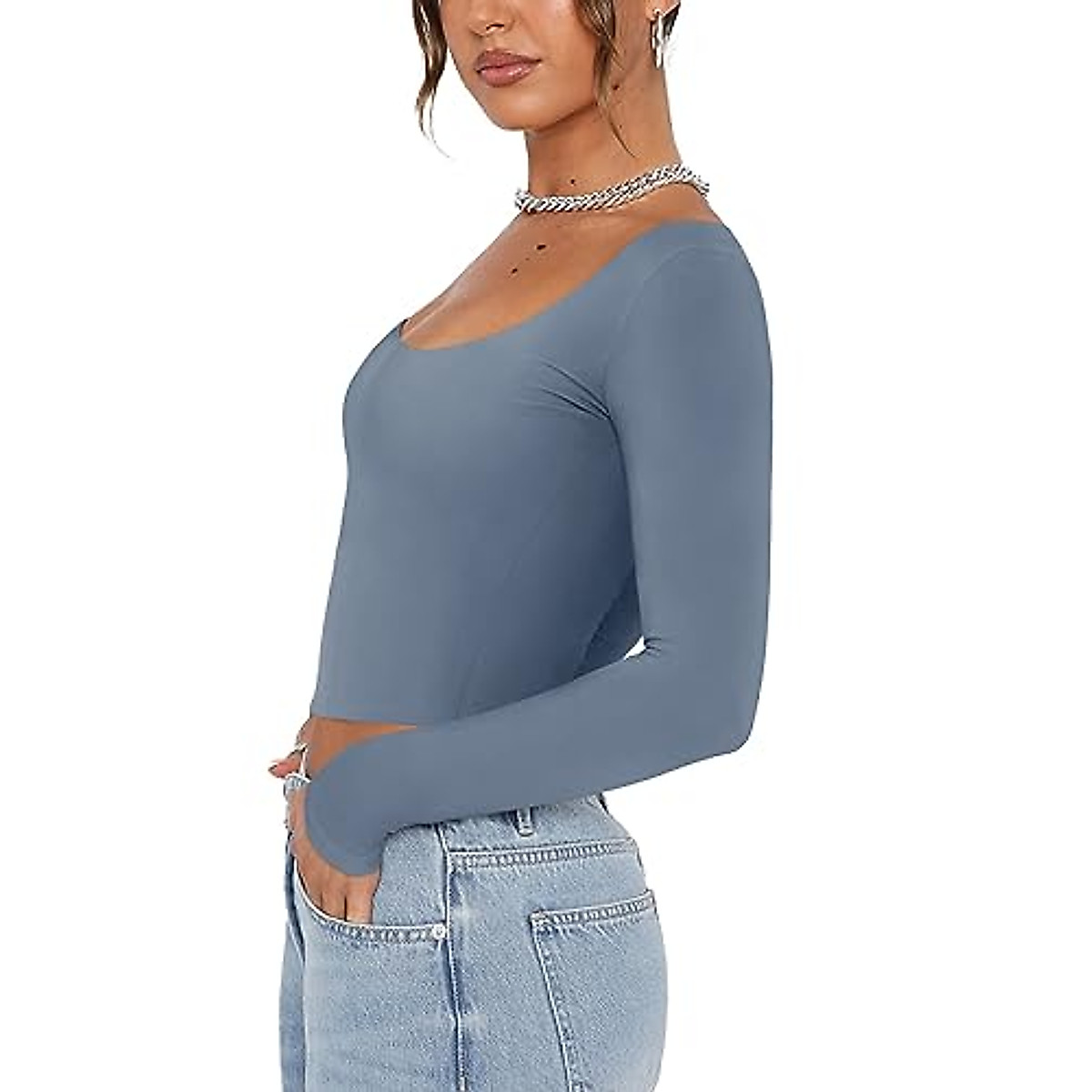 REORIA Womens Sexy Casual Scoop Neck Long Sleeve Double Lined T Shirts Fall Fashion Basic Cute Y2K Trendy Fitted Shirts Crop Tops Dove Blue Small