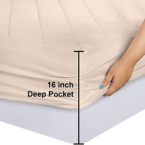 Utopia Bedding Quilted Fitted Mattress Pad, Queen Size, Elastic Fitted Mattress Topper Protector and Cover Stretches up to 16 Inches Deep, Machine Washable (Beige)