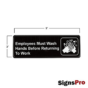 Employees Must Wash Hands Before Returning to Work Sign (Pack of 2) Black and White, 9" x 3"