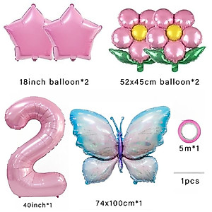 2nd Birthday Decorations Butterfly Balloon,Pink Blue Butterfly Fairy Floral Foil Balloons for Girl 2 Years Old Birthday Party Decorations Baby Shower Supplies…