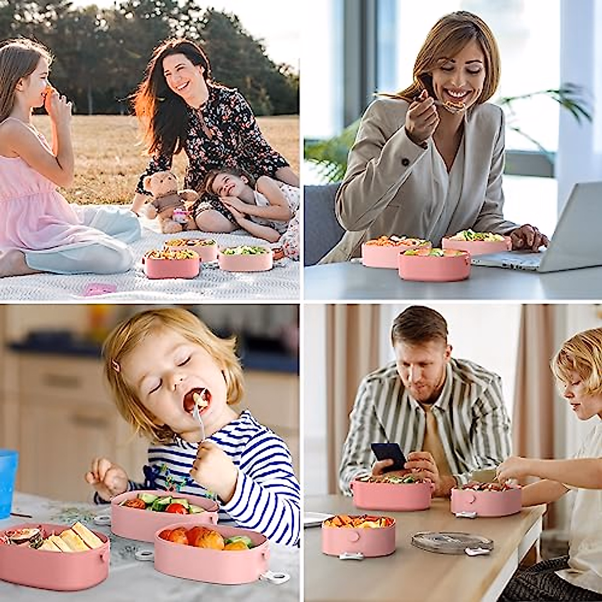 KHOXU Bento Lunch Box, Stackable 3 Layers Bento Box Adult Lunch Box, 94OZ Large Capacity Lunch Containers, Lunch Box Kids with Accessories Kit , Leak-Proof, Food-Safe Materials, Pink