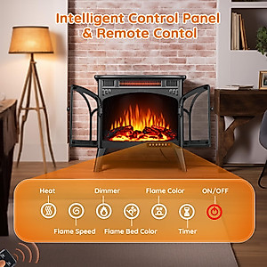Rintuf Electric Fireplace Heater, 1500W Infrared Fireplace Stove w/3D Realistic Flame, 5100BTU Freestanding Electric Stove Heater with Remote Control, 8H Timer, Ideal for Indoor Outdoor Home Use