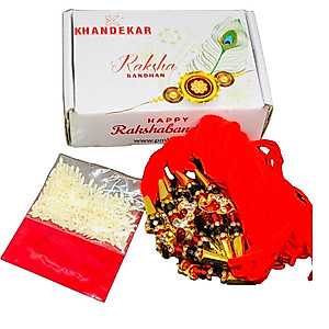 KHANDEKAR Set of 10 Pc Ganpati Pendant Rakhi for Brother Bhaiya Bhabhi Traditional Handmade Premium Quality Designer Rakhi Set with Roli Chawal, Rakhi Thread Rakhdi Bracelets