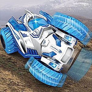 Geospace Friction Stunt Car with 360 Rotating Front Wheels - 1 Hand Held Push-Powered Stunt Car (White/Blue)
