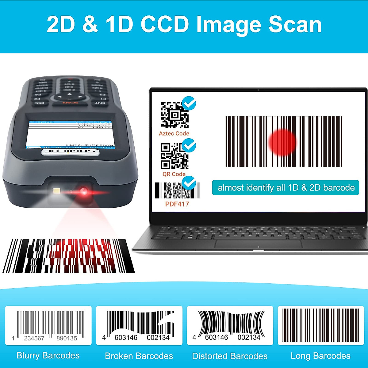 Sumicor Barcode Scanner 1D & 2D QR Code PDF417 Reader, Wireless 2.4 Ghz Handheld Cordless Rechargeable Inventory Barcode Scanner with 2.8'' HD Screen and Keybord for Stocktaking (2D)