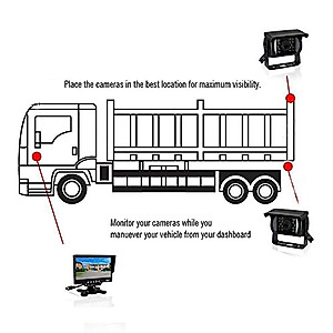 Camecho Vehicle Backup Camera 7 Inch 4 Split Monitor+ 4 Cameras with Front View, Rear View 18 IR Night Vision Waterproof Auto Camera with 2x33 ft and 2x65ft Cables for Trucks, RV, Trailer, Bus