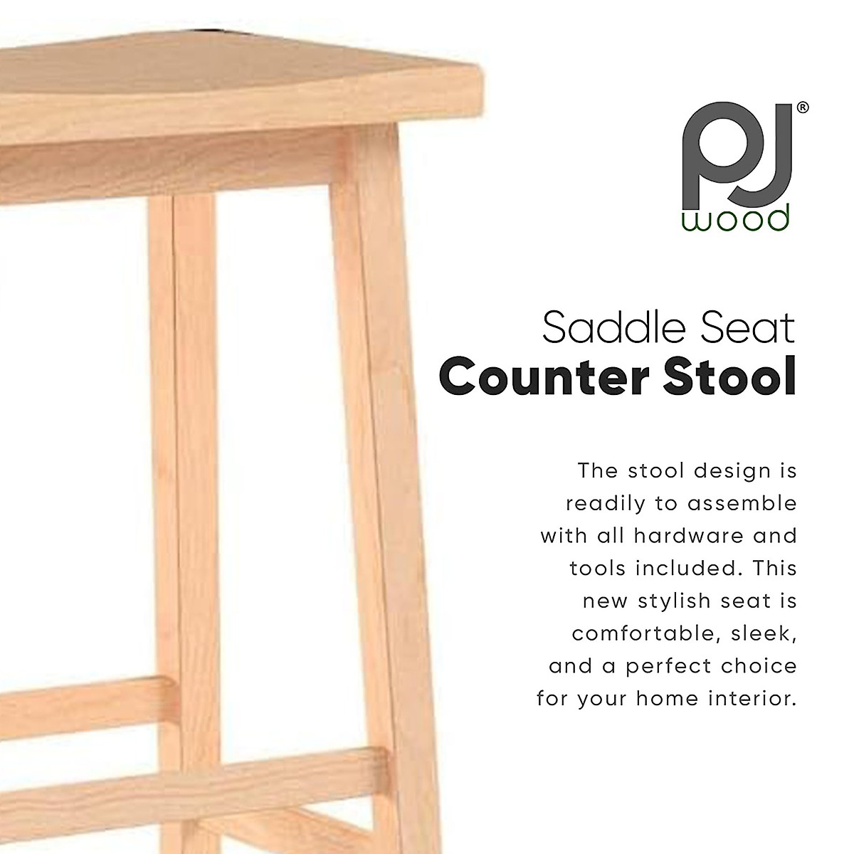 PJ Wood 24 Inch High Easy to Maintain Single A Frame Classic Bar Stool Saddle-Seat with Built in Bars as Footrests, Natural Wood