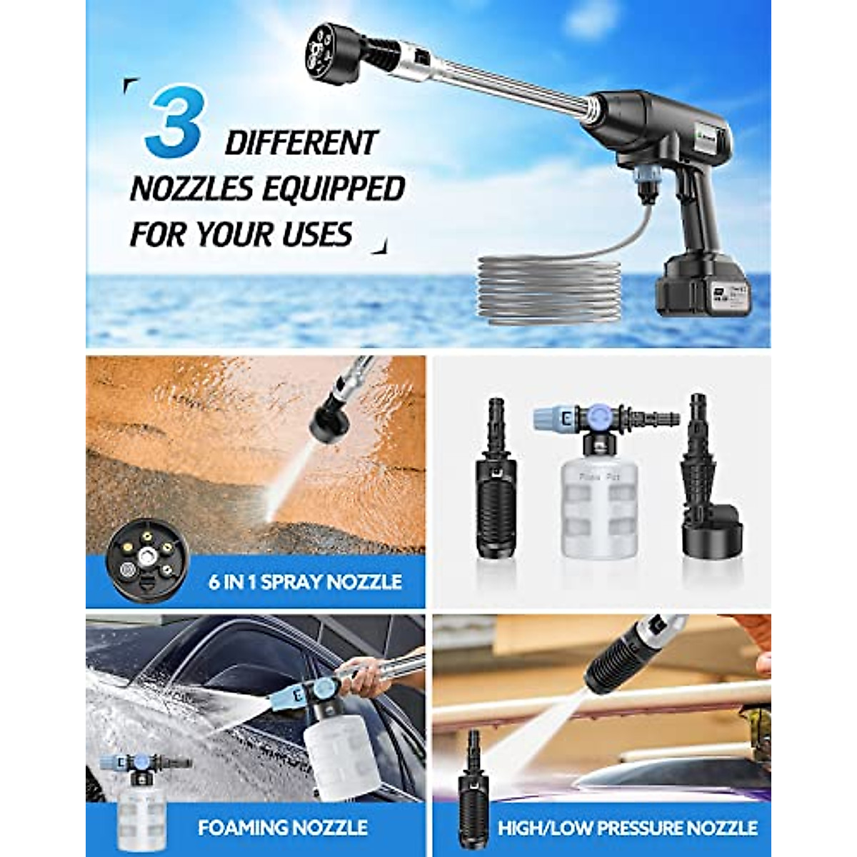 Aihand Cordless Pressure Washer, 652PSI Portable Power Cleaner with Rechargeable 4.0Ah Battery 6-in-1 Nozzle, Handheld High-Pressure Car Washer Gun for Home/Floor Cleaning & Watering, Charger Included