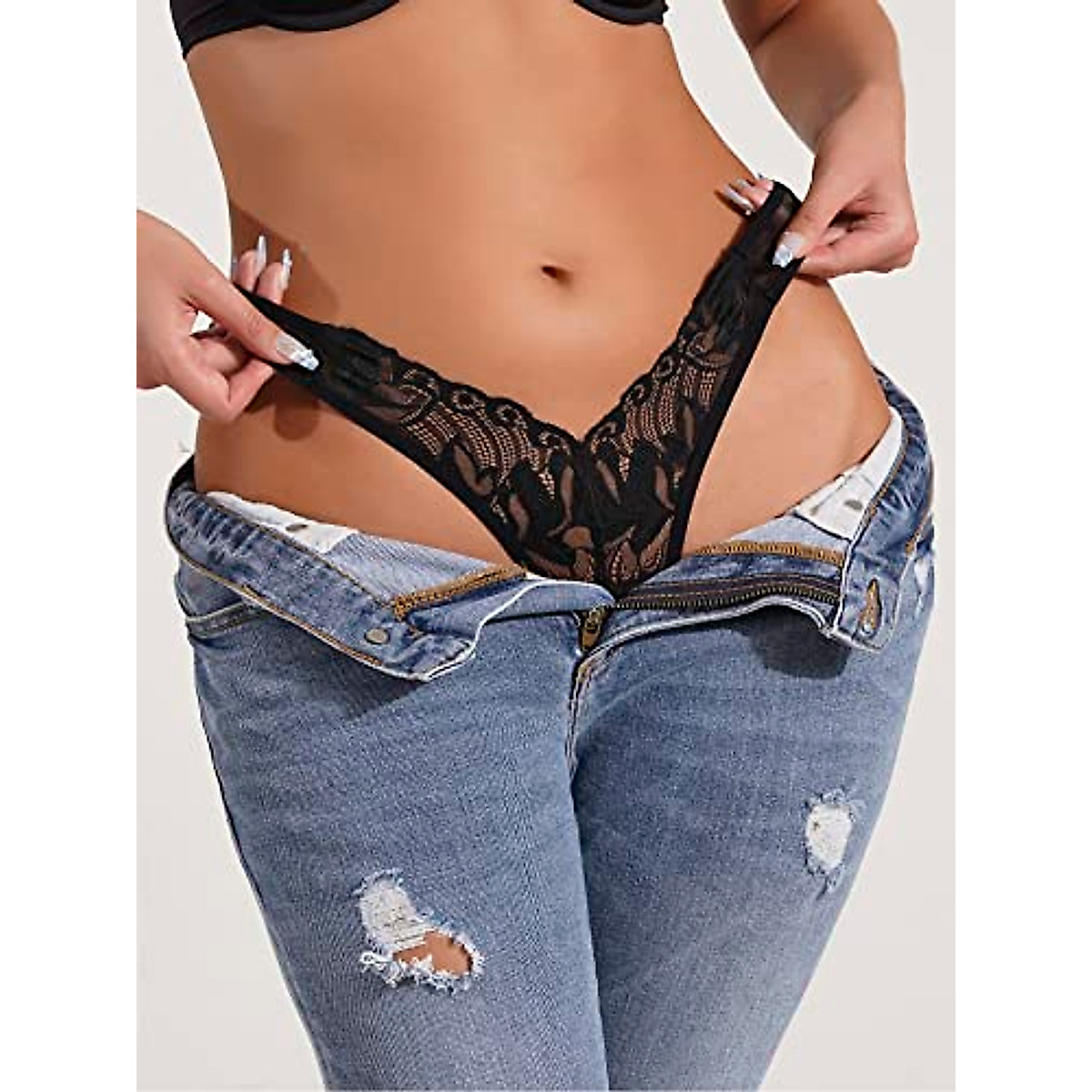 Milumia Women V Cut Thong Panties Sexy Low Rise Exotic Underwear Black Small