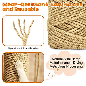 HezzLuv 262FT/80M Cat Scratching Sisal Rope, 6mm Thick Natural Jute Rope for Scratch Posts, Cat Trees, DIY Projects, Sisal Rope for Cat Scratcher with 2 Cat Mouse Toys (262ft)