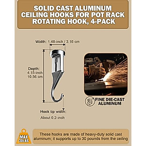 Cooks Standard Hooks, 4 Pack Aluminum Ceiling Hooks for Pot Rack, 30 lbs Max Load Heavy Duty Kitchen Hooks Hanger , Waterproof and Oilproof Moveable Hooks Organize for Kitchen-Silver