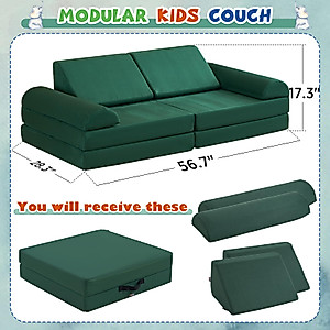 jela Kids Couch Large, Floor Sofa Modular Funiture for Kids Adults, Playhouse Play Set for Toddlers Babies, Modular Foam Play Couch Indoor Outdoor (56.7"x28.3"x17.3", Pine Green)