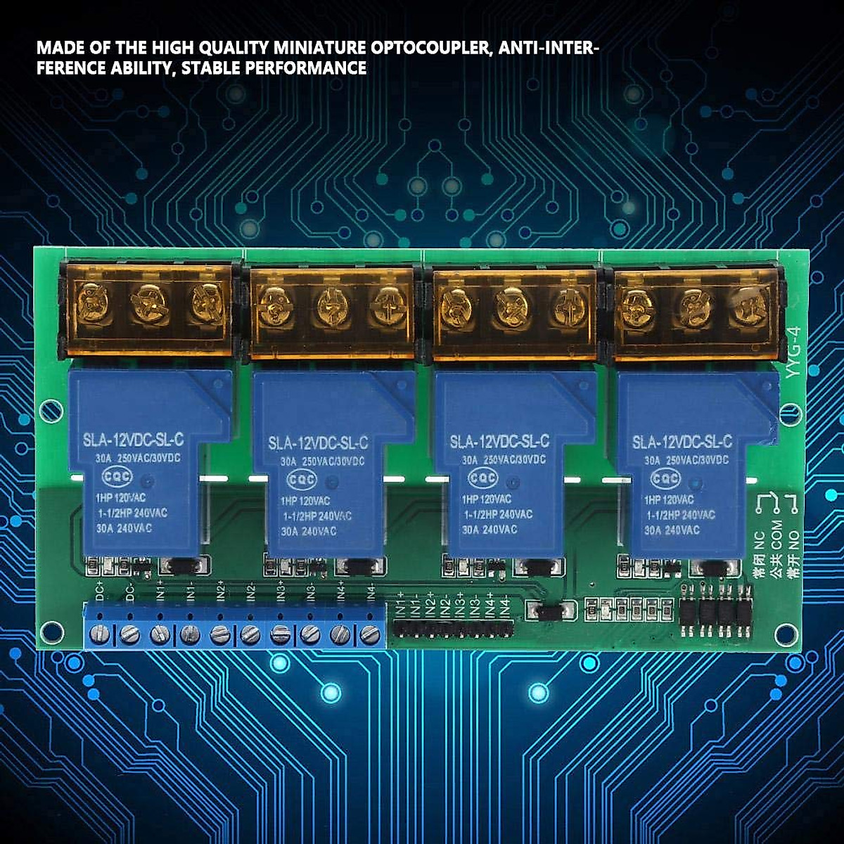 YYG-4 Four Way Relay Module, 30A Control Panel Optocoupler Isolation High Power AC 250V/30A, Less Than DC 30V/30A(12VDC)