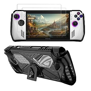 PAKESI Protection Case for ASUS ROG Ally - Rugged TPU with Built-in Stand for Game Handheld Console - Anti-Drop Shockproof Shell with 2 Pack Screen Protector (Black)