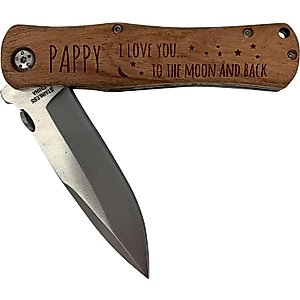Pappy - I Love You to The Moon and Back Stainless Steel Folding Pocket Knife with Clip, Wood