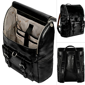 Time Resistance Leather Backpack up to 15in Laptop Brown Travel Book Bag (Black)