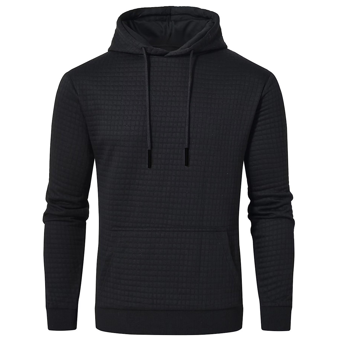 YuKaiChen Men's Hoodies Pullover Casual Plaid Jacquard Kangaroo Pockets Drawstring Long Sleeve Hooded Sweatshirts Black M