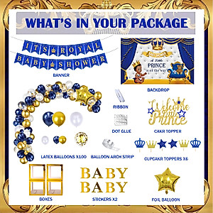 122 PCs Royal Prince Baby Shower Decorations for Boy, Fiesec A Little Prince Is On The Way Its Royal Baby Shower Backdrop Balloon Garland Banner Cake Cupcake Topper Crown Star Blue White Gold