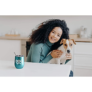 Fancyfams - Dog Mom - 12 oz Stainless Steel Wine Tumbler with Lid and Straw (Dog Mom -Turquoise)