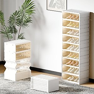 FLEXIMOUNTS Shoe Rack Organizer Storage Box 9 Tiers-18 Pairs, Portable Folding Shoe Rack for Closet Entryway, Collapsible Shoe Cabinet with Magnetic Clear Door for Front Door Entrance