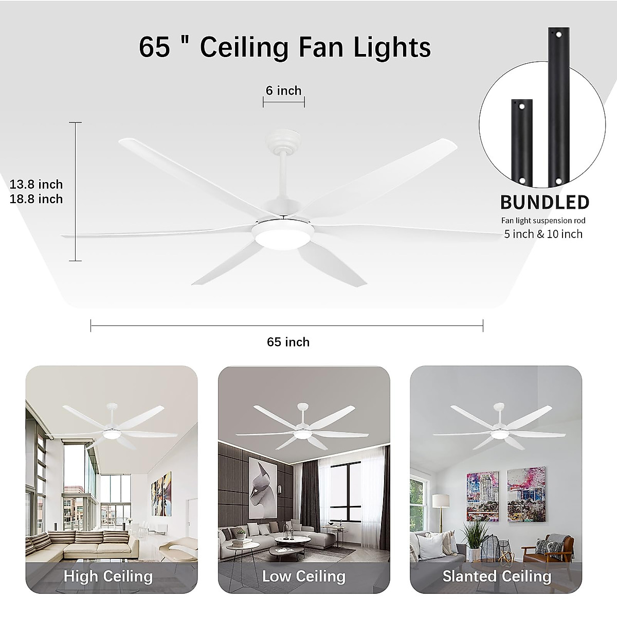 Wozzio 65 Inch Ceiling Fan with Lights and Remote,6 Blades,Reversible,6 Speed Noiseless DC Motor,Large Ceiling Fan White for Indoor Outdoor Bedroom/Patios/Farmhouse