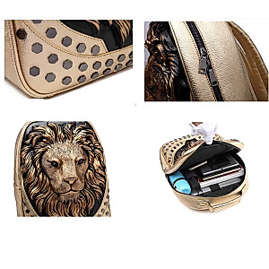 GUQIMEI Mens 3D Lion PU Emboss Rivet Punk Backpack Rock Personality Laptop Bag Creative Travel Leisure, Gold, One Size