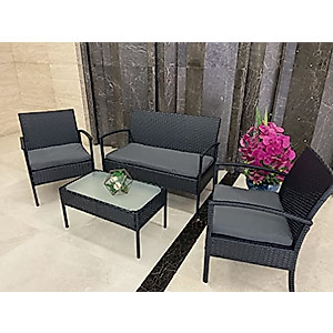 StellaHome Rattan Patio Outdoor Furniture Sets 4 Pieces Wicker Chairs Loveseats with Extra Cushion Covers for Replacement (Black Wicker/Grey&Beige Cushions)