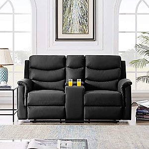 FANYE Faux Leather Upholstered Manual Motion Reclining Loveseat Sofa Couch with Cup Holders and 2 Recliner Chaises,PU Wall Hugger Sofa & Couch for Home Theater Apartment RV Living Room