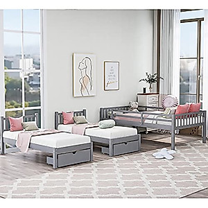 MOOLO 3-1 Full Over Twin, Twin Bunk Bed, Wood Triple Bunk Bed with Drawers and Guardrails for Kids Teens Adults(Color:Gray)