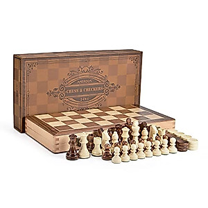 AMEROUS 15 Inches Wooden Chess & Checkers Set with Upgraded Weighted Chess Pieces - 2 Extra Queen -24 Cherkers Pieces -Instruction -Chessmen Storage Slots, Classic 2 in 1 Board Games