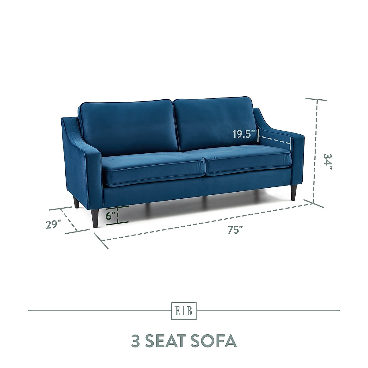 Edenbrook Jensen Upholstered Couch - Blue Velvet Living Room Couch - Seats Three - Modern Scoop Arm Design