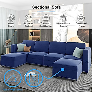 PUREMIND Modular Sectional Sofa with Reversible Storage Ottoman, Convertible U Shaped Couch with Adjustable Armrest & Backrest, Velvet 6 Seater L Shaped Sofa Sleeper for Living Room, Blue