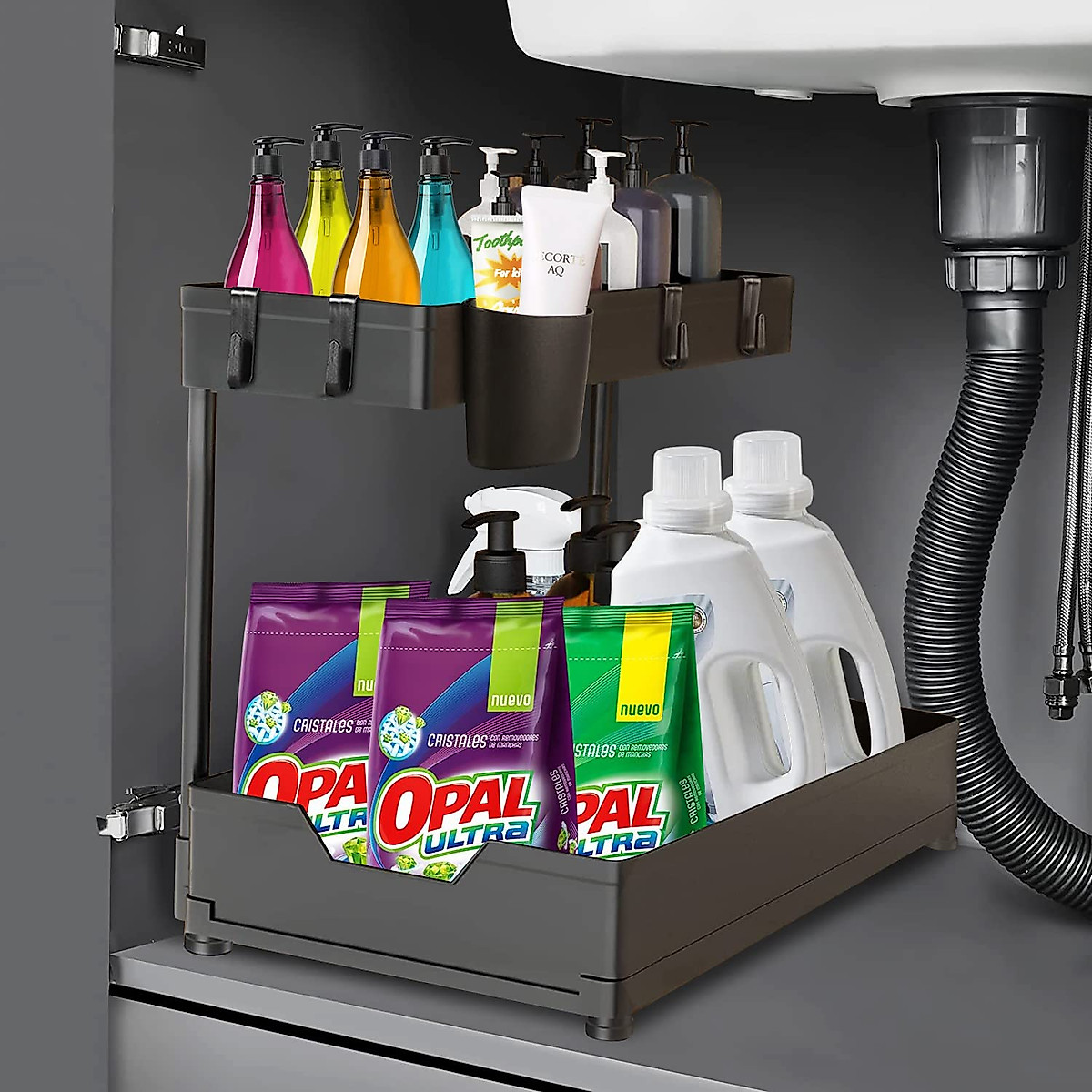 Karlsitek Under Sink Organizers and Storage,2 Pcs Under Sink Organizers,2-Tier L-Shape Bathroom Organizer,Sliding Cabinet Organizer Drawer with 2 Hanging Cups and 8 Hooks for Kitchen Bathroom Office