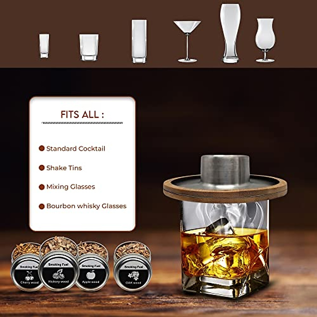 Trinhnity Cocktail Smoker Kit, Four Kinds of Wood Smoker Chips For Bourbon, Whiskey, Infuse Cocktails | Old Fashioned Smoker Kit with 1 Strain, 1 Stainless Steel Filter and 1 Brush for Wine, Whiskey