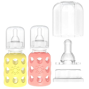 Lifefactory Glass Baby Bottles with Silicone Protection - 4-PACK, 4 oz/9 oz Bottles, (1- Banana, 1- Mango, 1- Cantaloupe & 1- Papaya)