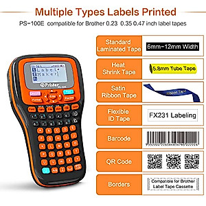 Pristar PS100E Label Maker with 7 Tapes 12mm 0.47 Laminated White, Handheld Labeler with Keyboard, Easy to Use for Tze 3.5-12mm Tapes, Multiple Line Labeling, Home Office Industrial Label Machine
