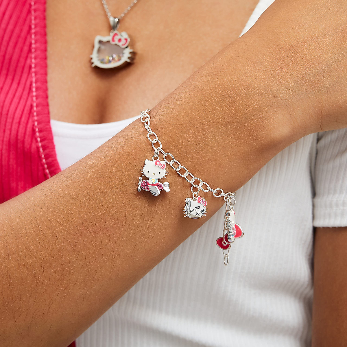 SALLY ROSE Sanrio Hello Kitty Charm Bracelet 8-inch - Silver Plated Hello Kitty Charm Bracelet Officially Licensed