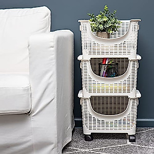 Mind Reader 3-Tier Stackable Containers Rolling Plastic Bins, Storage Baskets, Ivory