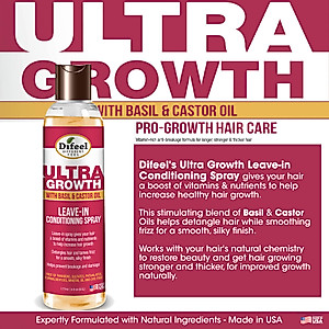 Difeel Ultra Growth Basil & Castor Hair Oil Leave in Conditioning Treatment 6 oz. with Spray Cap & Dispensing Cap