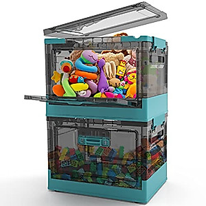Dollox 2 Pack Plastic Storage Bins with Lids, Stackable, Clear, Plastic Storage Cart Foldable Box with Wheels Storage Box Totes for Home Room Organizer(Blue)