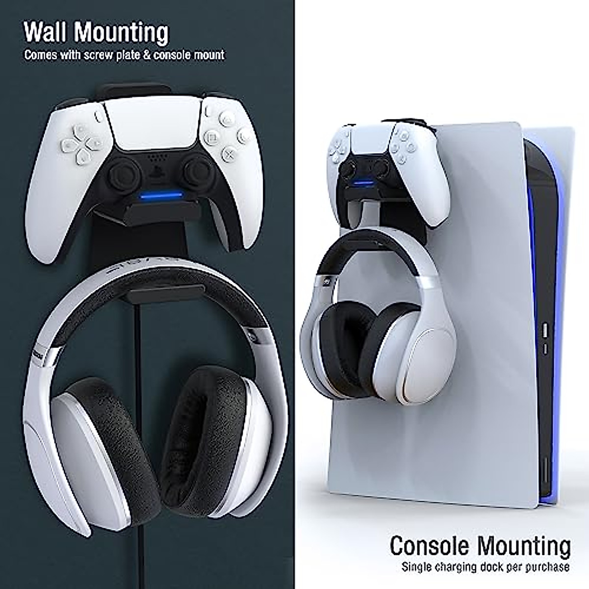 Foamy Lizard PS5 Controller Charger Console and Wall Mount for Playstation 5 DualSense Fast Charging Station Hanging Dock, Headphone Hook, LED Indicator, Overcharge Protection (All Black)